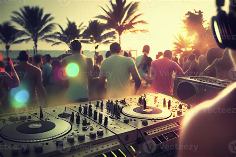 Dj Mezcla Al Aire Libre A Playa Fiesta Festival Con Multitud De