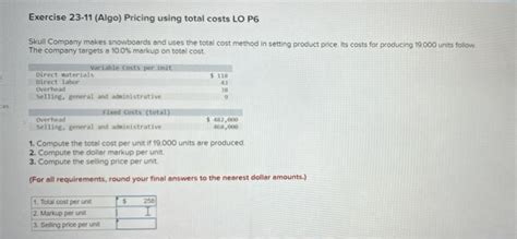 solved exercise 23 11 algo pricing using total costs lo p6