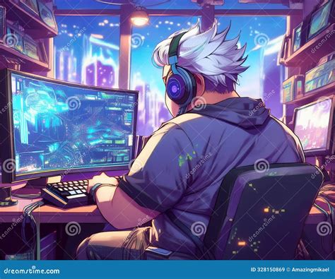 Man Playing Video Games And Coding Software In Anime Style Illustration Stock Illustration
