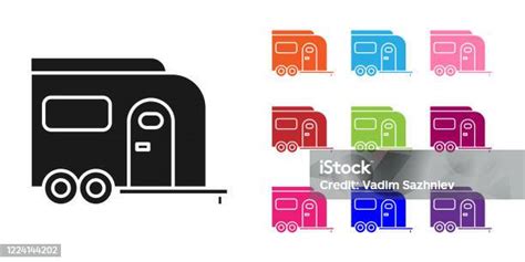 흰색 배경에 고립 된 검은 Rv 캠핑 트레일러 아이콘입니다 여행 모바일 홈 캐러밴 여행을위한 홈 캠핑 다채로운 아이콘을 설정합니다 벡터 일러스트레이션 자동차 여행에 대한