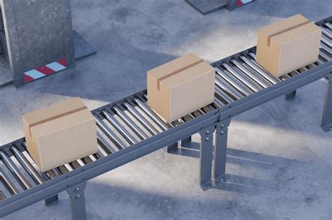 창고에 있는 컨베이어 벨트에 있는 3d 그림 판지 상자 프리미엄 사진