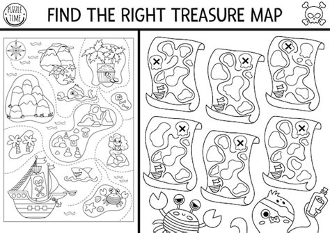 올바른 보물 지도 찾기 어린이를 위한 흑백 보물섬 짝짓기 활동 바다 모험 라인 어린이를 위한 교육 퀴즈 워크시트 인쇄 가능한 색칠 페이지xa 프리미엄 벡터