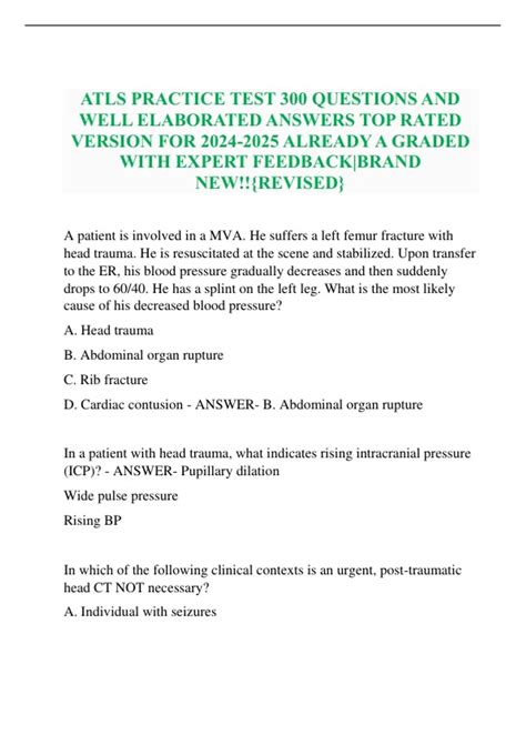 Atls Practice Test 300 Questions And Well Elaborated Answers Top Rated