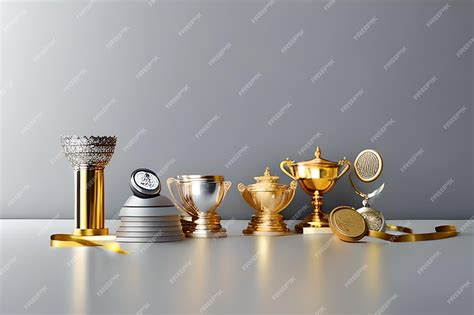 색상 배경을 둘러싼 트로피 리본 및 메달이 있는 텍스트의 빈 공간 프리미엄 사진