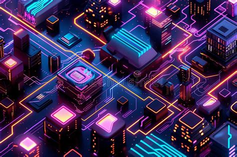 Isometric Neon Circuit Board Glowing Cyberpunk Cityscape Futuristic Technology Dark Stock