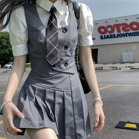 반팔ver 하이틴 스쿨룩 셔츠 조끼 플리츠스커트 넥타이 세트 에이블리