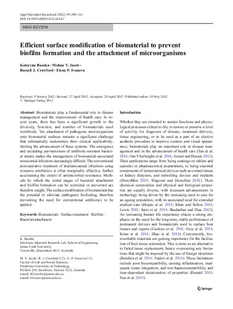 Pdf Efficient Surface Modification Of Biomaterial To Prevent Biofilm
