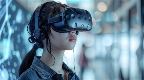 Woman Using Virtual Reality Headset Premium Ai Generated Image