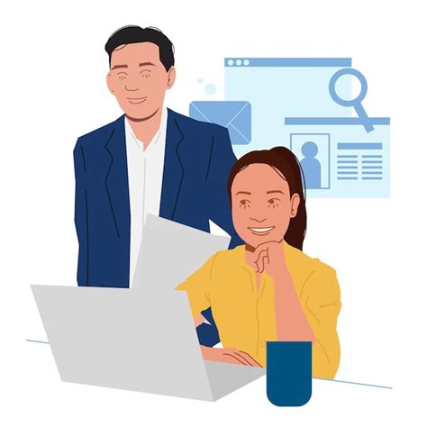 평면 그림에서 직원 이력서를 검색하는 사업가 여성 프리미엄 벡터