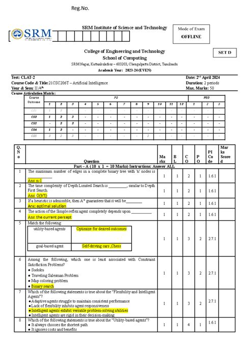 Set D Answer Key Srm Institute Of Science And Technology College Of Engineering And Technology