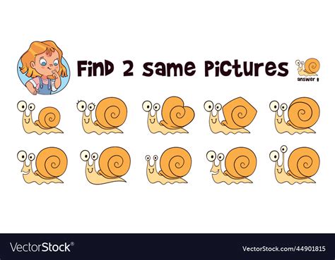 Snail Find Two Same Objects Educational Game Vector Image