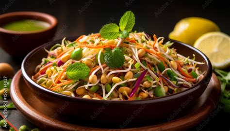 Colorful And Tangy Sprouts Chaat With Mixed Bean Sprouts Tossed In Chaat Masala And Lemon Juice