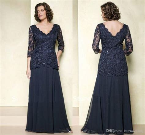 Vintage Plus Size Navy Blue Mothers Dresses With 34 Long Sleeves