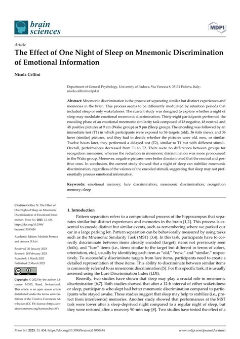 Pdf The Effect Of One Night Of Sleep On Mnemonic Discrimination Of