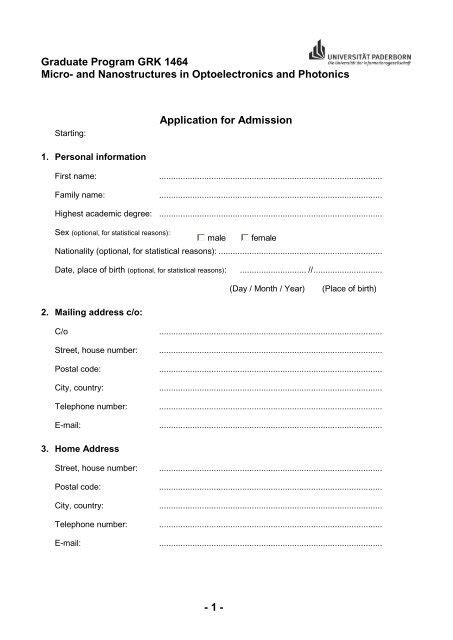 Download Paper Based Application Form Universität Paderborn
