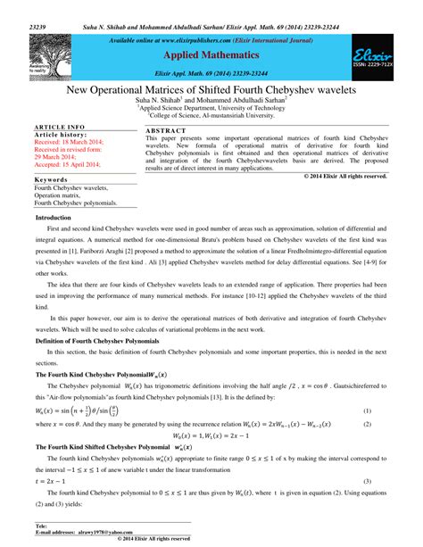 PDF New Operational Matrices Of Shifted Fourth Chebyshev Wavelets
