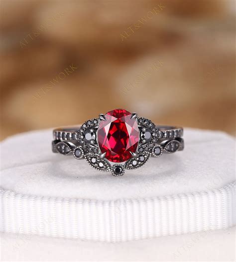 Gothic Oval Shape Ruby And Black Moissanite Engagement Ring Set