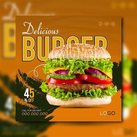 패스트 푸드 버거 소셜 미디어 및 Instagram 포스트 디자인 템플릿 프리미엄 벡터