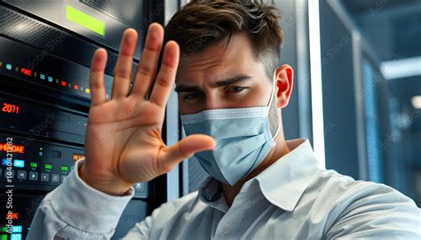 Technician In Server Hub Doing Face Palm Gesture Trying To Protect