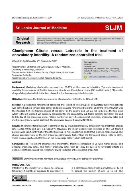 Pdf Clomiphene Citrate Versus Letrozole In The Treatment Of Anovulatory Infertility A