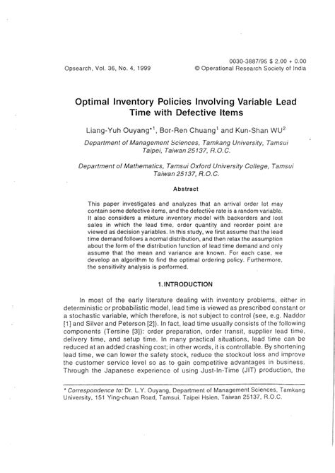 Pdf Optimal Inventory Policies Involving Variable Lead Time With Defective Items
