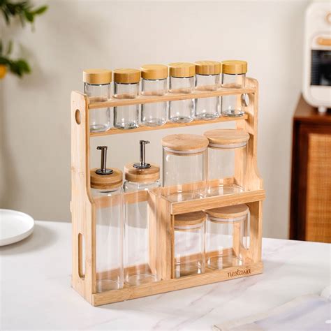 Buy Spice Containers And Oil Dispenser With Kitchen Organiser Rack Set