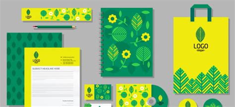 브랜드 아이덴티티는 녹색 노란색 평면 잎 식물 장식을 설정합니다 Ai Eps Uidownload