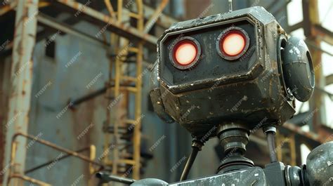 Premium Photo A Rusty Robot Stands In An Abandoned Factory The Robots Eyes Are Glowing Red