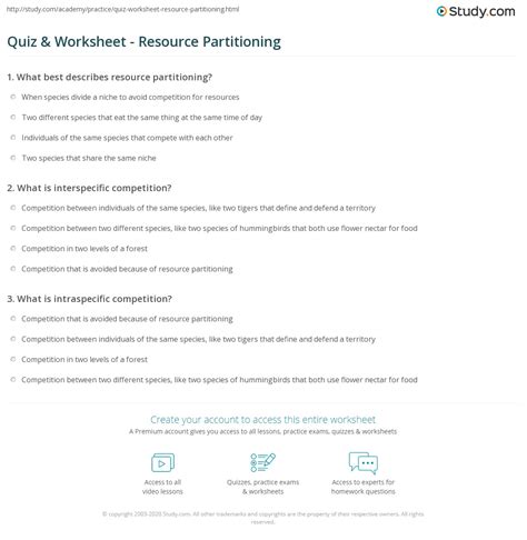 Quiz And Worksheet Resource Partitioning