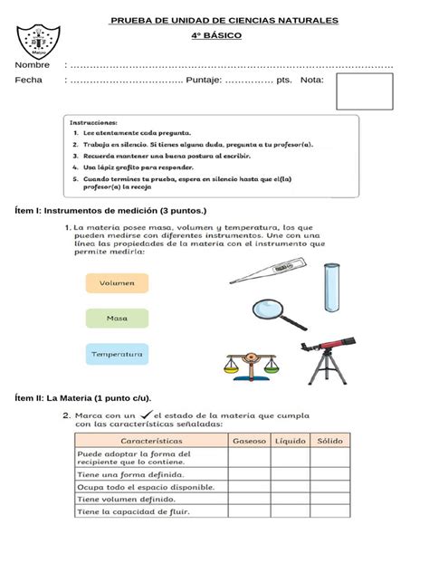 Prueba De Ciencias Naturales 4° Básico Pdf