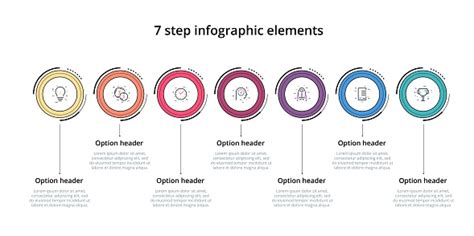 7 단계 서클 비즈니스 프로세스 차트 인포 그래픽 원형 회사 워크플로 그래픽 요소입니다 회사 순서도 프레젠테이션 슬라이드 템플릿입니다 벡터 정보 그래픽 디자인입니다 7에