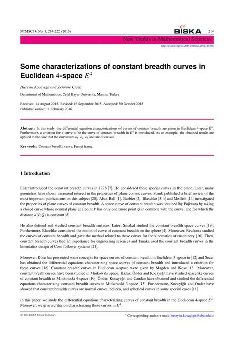 Pdf Some Characterizations Of Constant Breadth Curves In Euclidean 4 Space