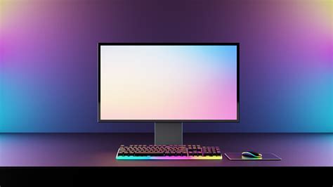 배경에 Rgb 조명이 있는 게이머 컴퓨터 데스크탑 최신 Pc 컴퓨터 흰색 화면 모형 게임용 키보드 3d 렌더링 그림 책상에 대한 스톡 사진 및 기타 이미지 Istock