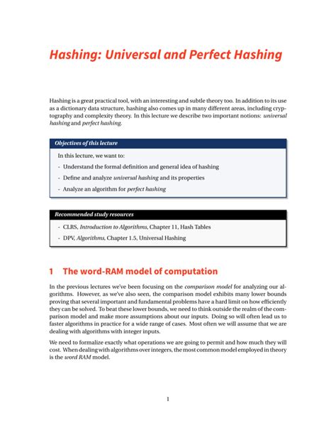 Hashing Universal And Perfect Hashing Lecture Notes