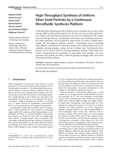 Pdf High Throughput Synthesis Of Uniform Silver Seed Particles By A