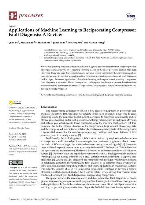 Pdf Applications Of Machine Learning To Reciprocating Compressor Fault Diagnosis A Review