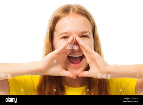 Closeup Portrait Of Shouting Girl With Hands On Mouse Isolated On