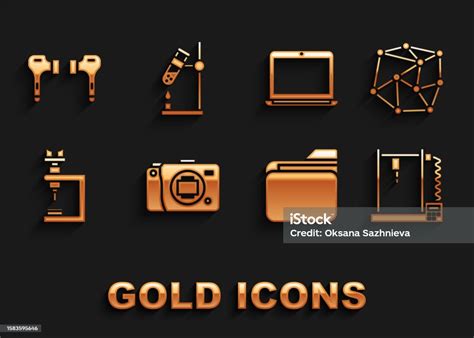 미러리스 카메라 신경망 3d 프린터 문서 폴더 현미경 노트북 에어 헤드폰 및 시험관 플라스크 화재 아이콘을 설정합니다 벡터 3차원 형태에 대한 스톡 벡터 아트 및 기타