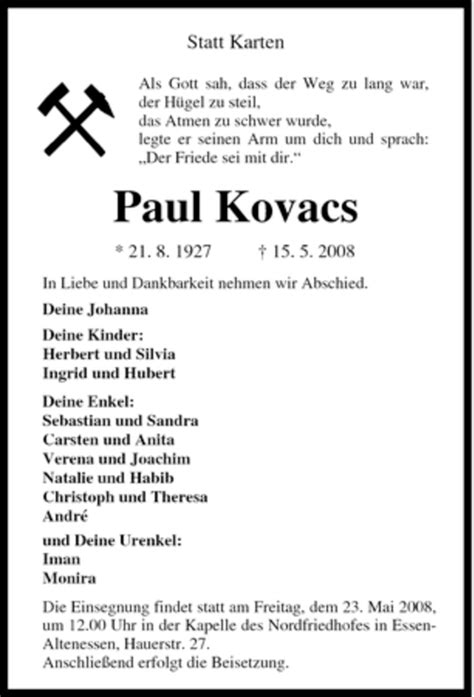 Traueranzeigen Von Paul Kovacs Trauer In Nrw De