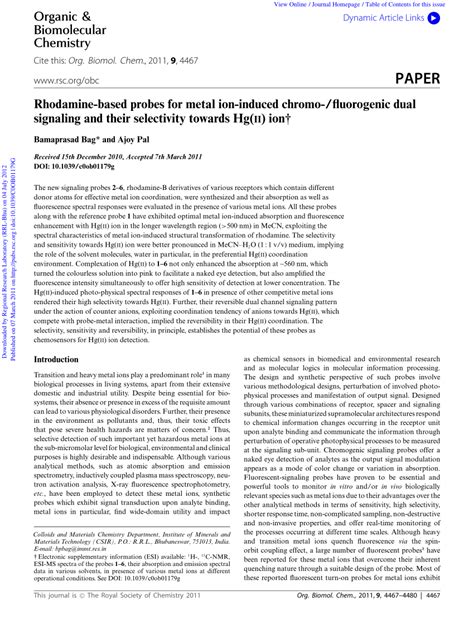 Pdf Rhodamine Based Probes For Metal Ion Induced Chromo Fluorogenic