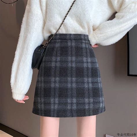 毛呢格子半身裙秋冬季女配毛衣高腰显瘦中长款包臀a字短裙子加厚虎窝淘