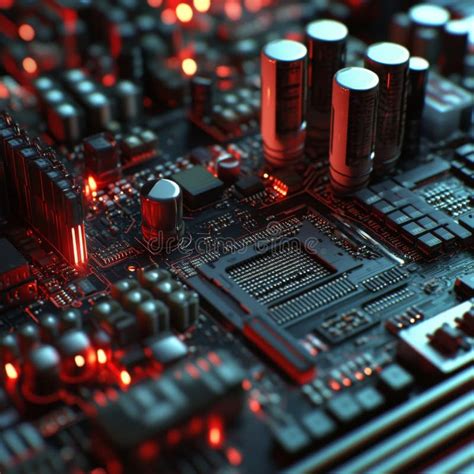 Close-up of Electronic Circuit Board Illuminated by Red Led Lights ...