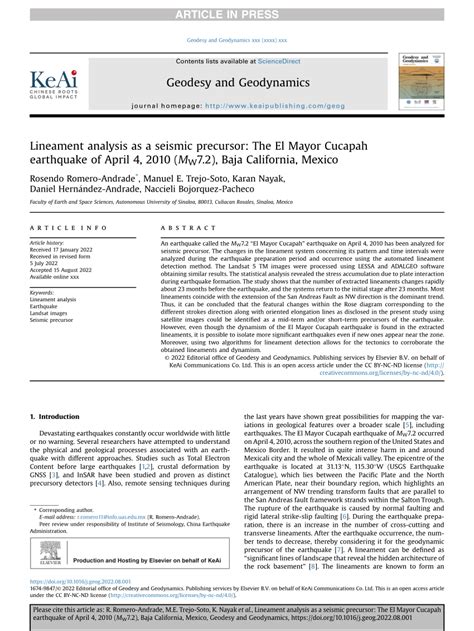 Pdf Lineament Analysis As A Seismic Precursor The El Mayor Cucapah Earthquake Of April 4 2010