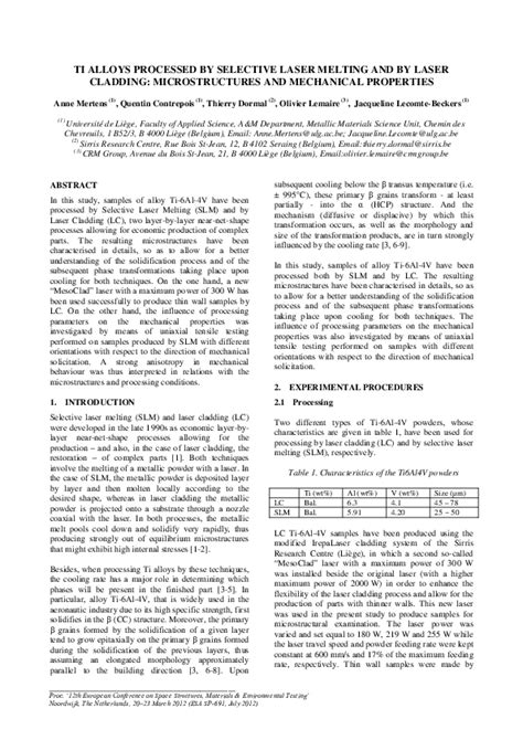 Pdf Ti Alloys Processed By Selective Laser Melting And By Laser