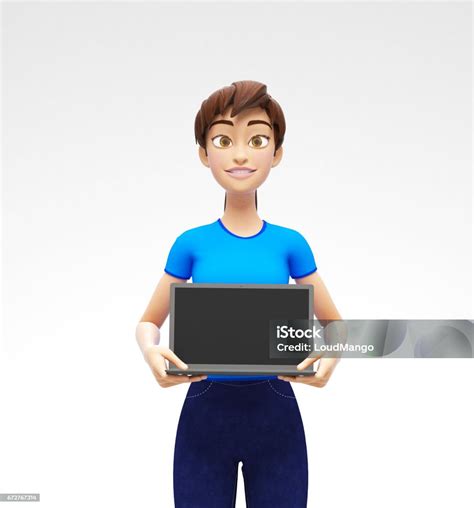 빈 화면 노트북 이랑 웃 고 주최 행복 제니3d 만화 여성 캐릭터 캐주얼 옷에 3차원 형태에 대한 스톡 벡터 아트 및 기타 이미지 3차원 형태 등장인물 사람들