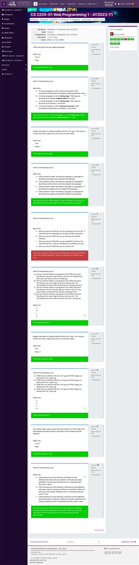 Self Quiz Unit Attempt Review CS Web Programming AY T Question Correct