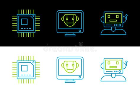 set line robot processor with microcircuits cpu and bot icon vector