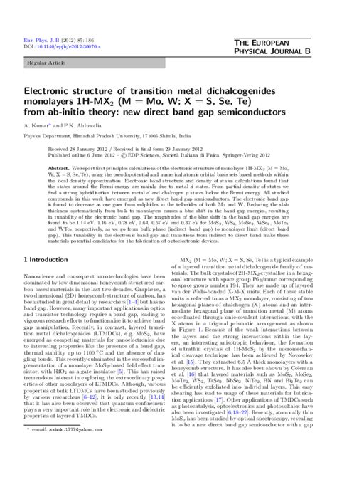 Pdf Electronic Structure Of Transition Metal Dichalcogenides Monolayers 1h Mx 2 M Mo W X