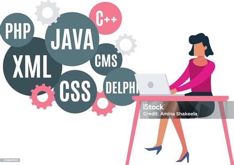 The Girl Is Working On Different Coding Languages Stock Illustration