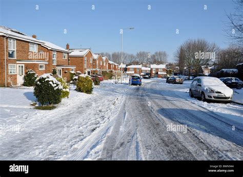 Winter Snow And Ice In Residential Area Hertfordshire England Uk